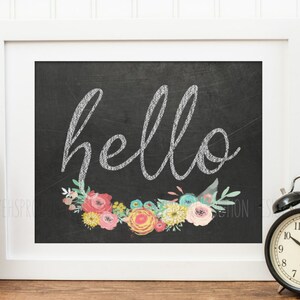 Hello Print Chalkboard Sign With Flowers, Foyer Hallway Art, New Home ...