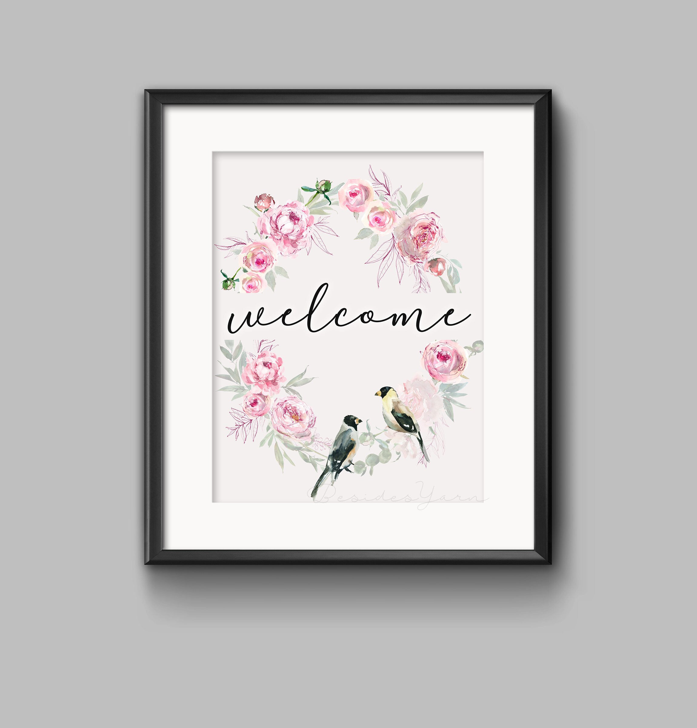 Floral Hello Sign With Pink Peony and Birds, Foyer Hallway Art, New ...