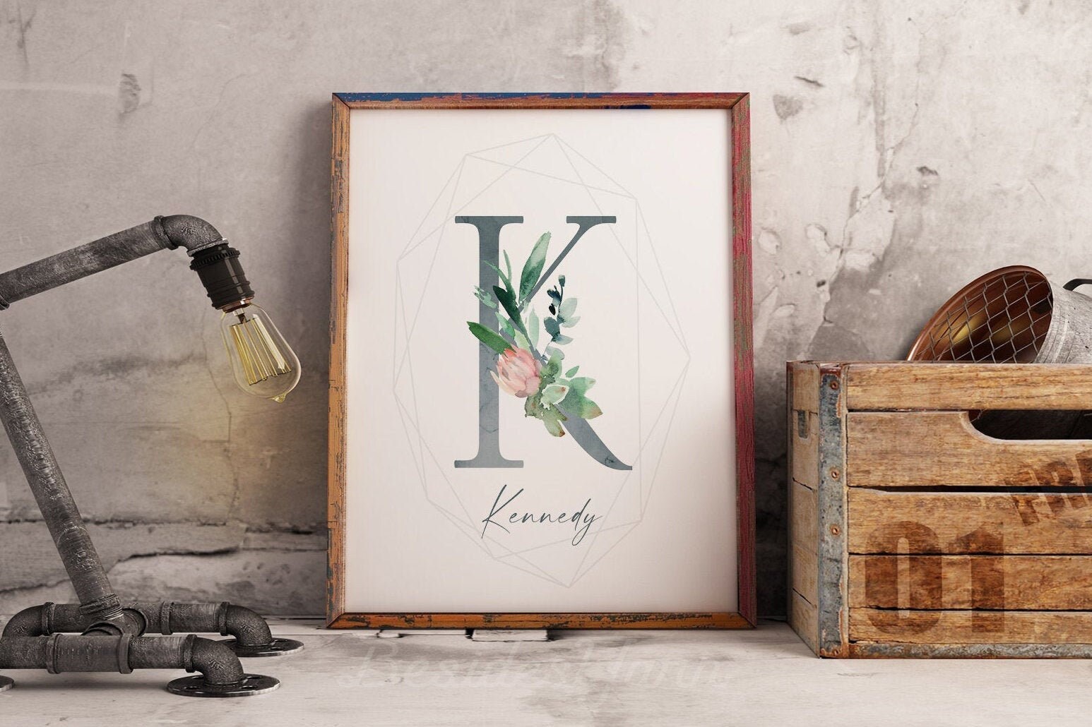 Personalized Family Name Printable With Green Gray Watercolor Cactus ...