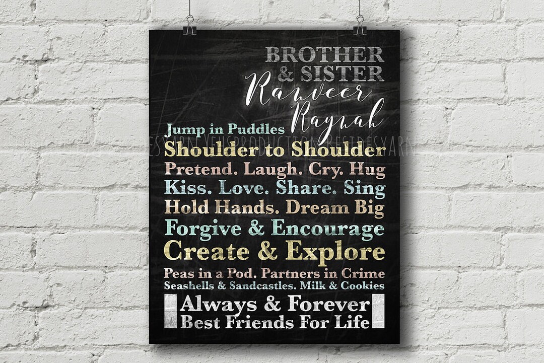 Brother and Sister Chalkboard Sign Wall Art, Custom Name Print ...