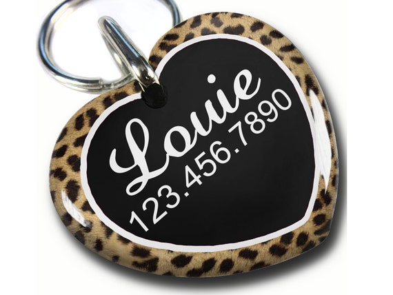 Pet ID Tags Animal Print Leopard Cute Heart Shaped Tag Double | Etsy
