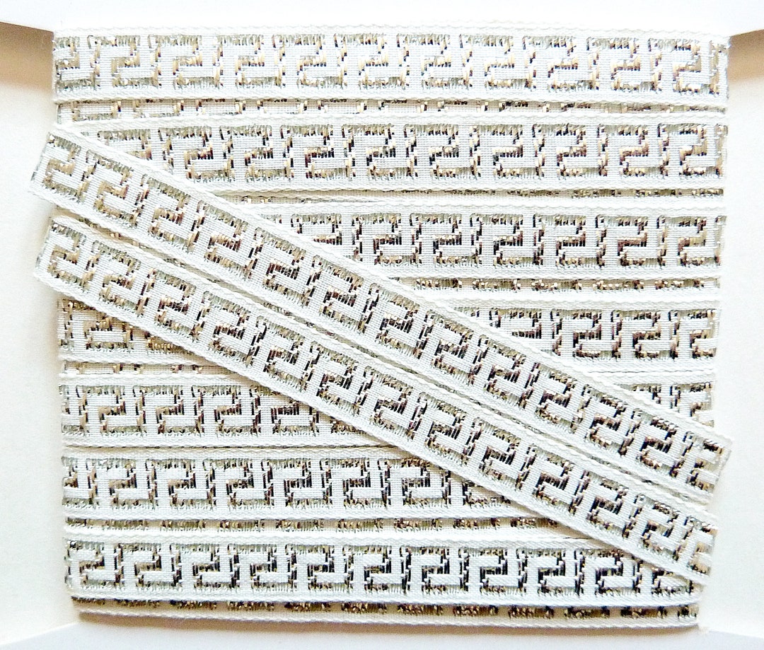 White Trim With Silver Metallic Greek Key Pattern - 6 Yards of 3/8 ...