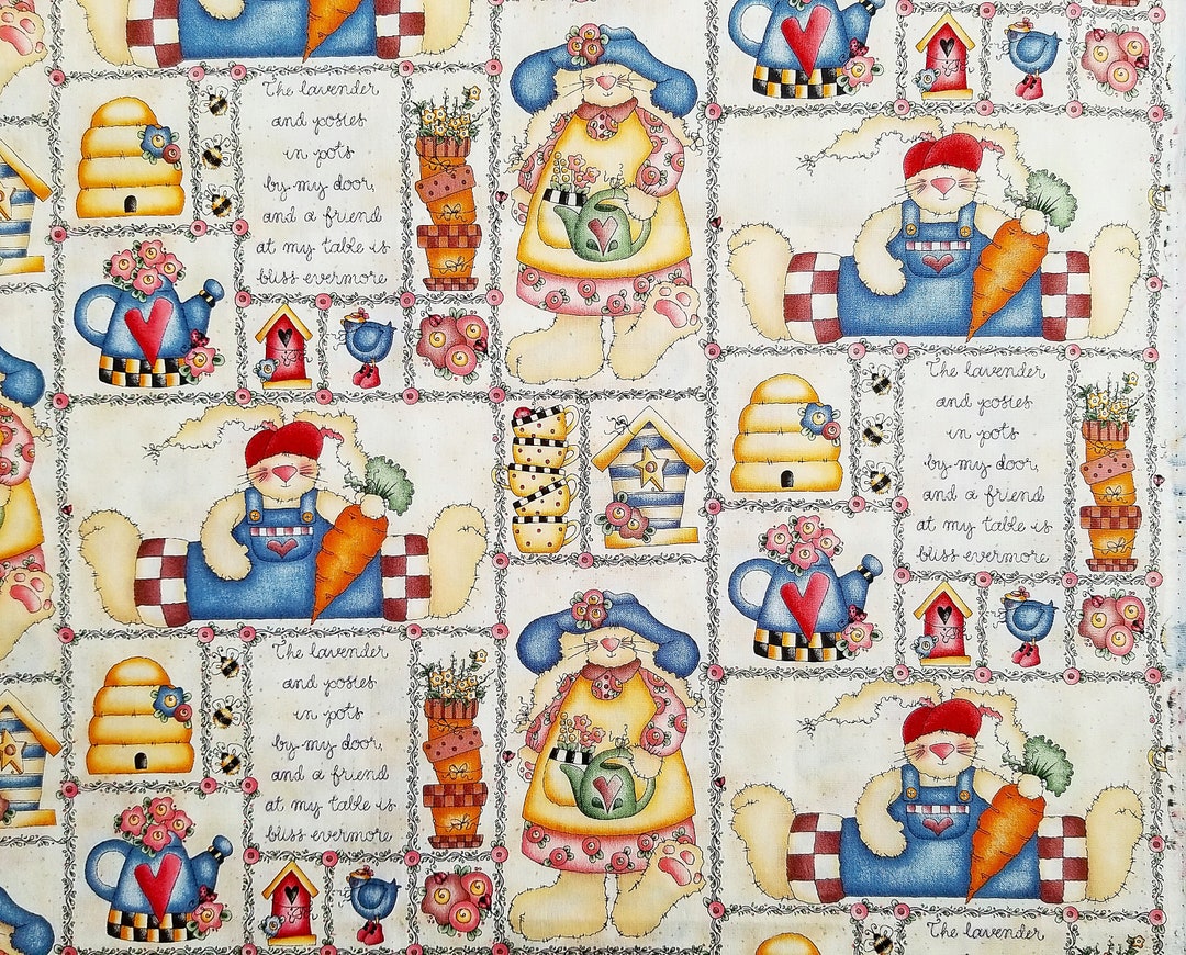 Buzz Bunny Fabric 1 Yard Remnant Garden-themed Fabric With Whimsical ...