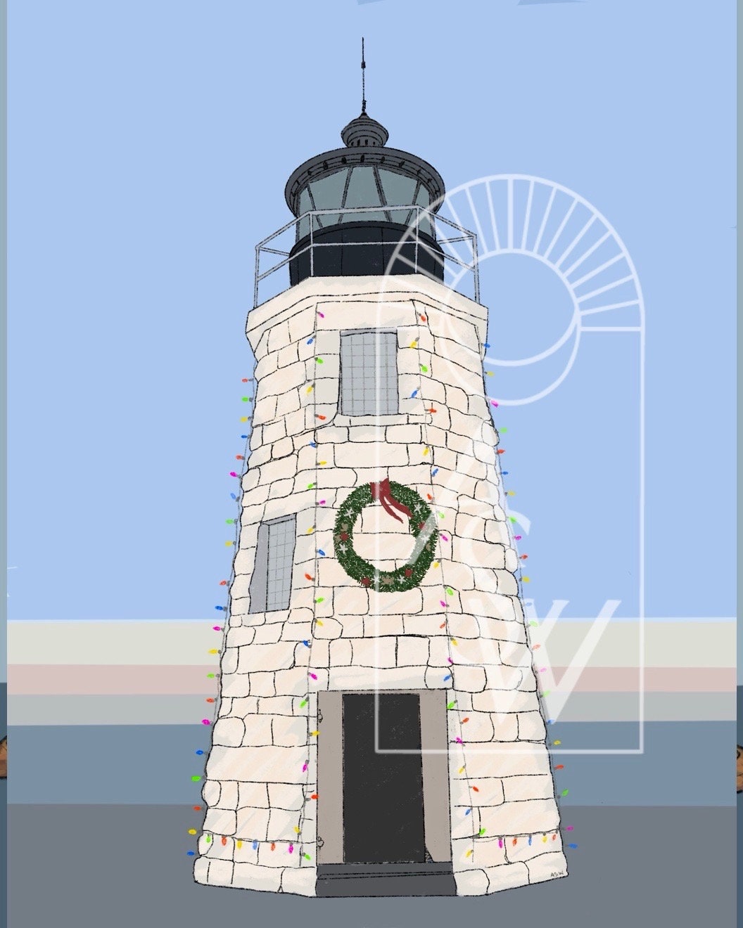 Goat Island Lighthouse, Newport RI Holiday Illustration - Etsy