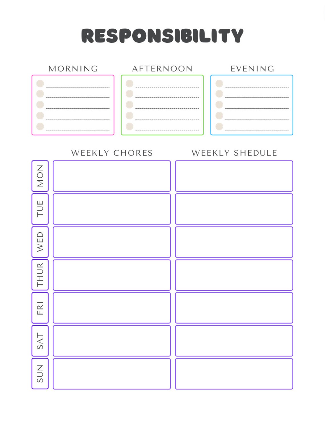 Editable Kids Chore Charts, Responsibility Charts, Kids Daily ...