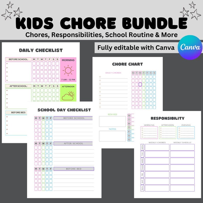 Editable Kids Chore Charts, Responsibility Charts, Kids Daily ...
