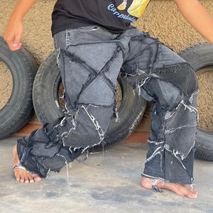 32" Waist DIY Black Denim Unique Patchwork Jeans Upcycled Vintage Style ...
