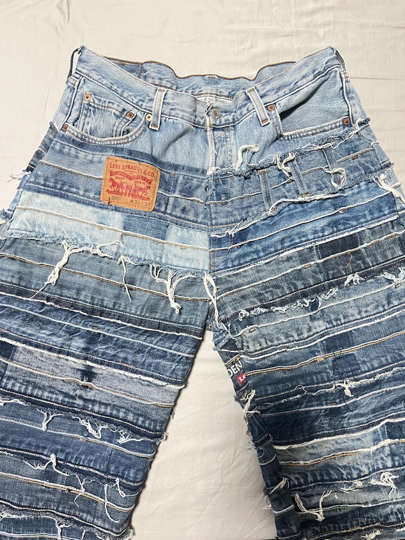 35" Waist DIY Denim Unique Patchwork Jeans Upcycled Vintage Style Pants ...