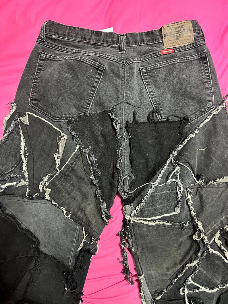 32" Waist DIY Black Denim Unique Patchwork Jeans Upcycled Vintage Style ...