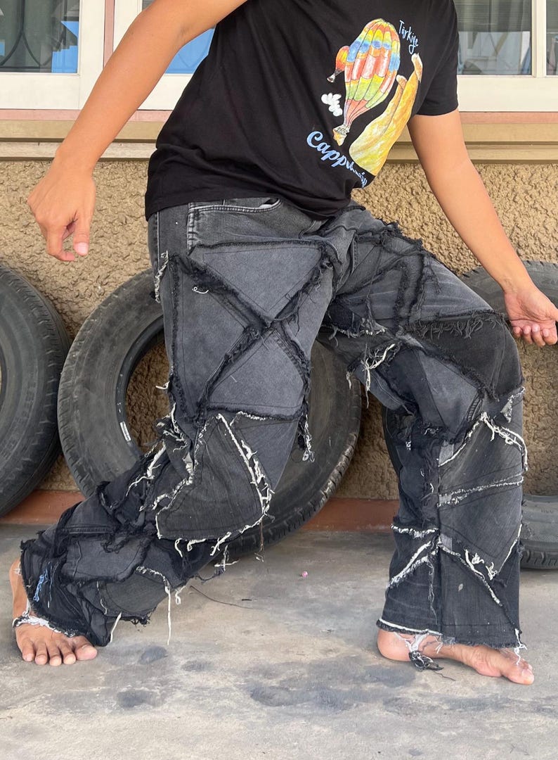 32" Waist DIY Black Denim Unique Patchwork Jeans Upcycled Vintage Style ...