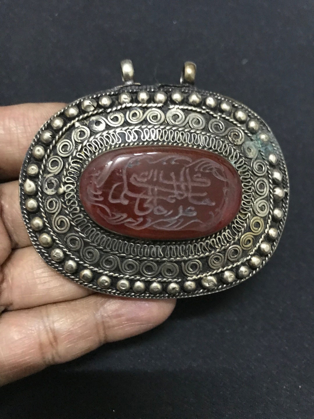 Islamic Engraved Arabic Silver Quran Engrave Pendant Carnelian Stone ...