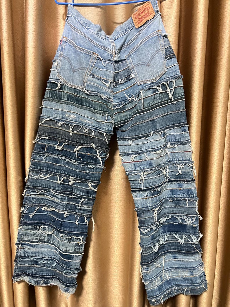 35" Waist DIY Denim Unique Patchwork Jeans Upcycled Vintage Style Pants ...