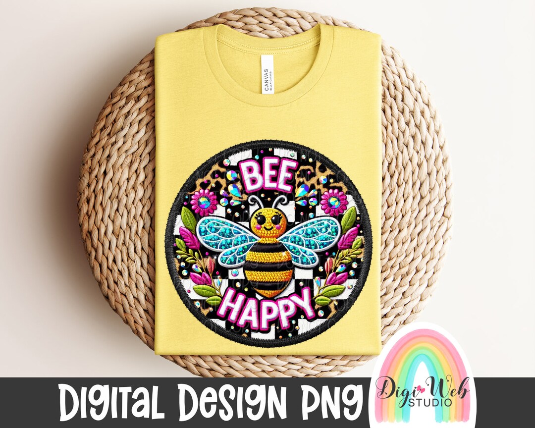 Bee Happy PNG, Faux Embroidery Bee With Bling, Bee Lover, Cute Kids Bee ...