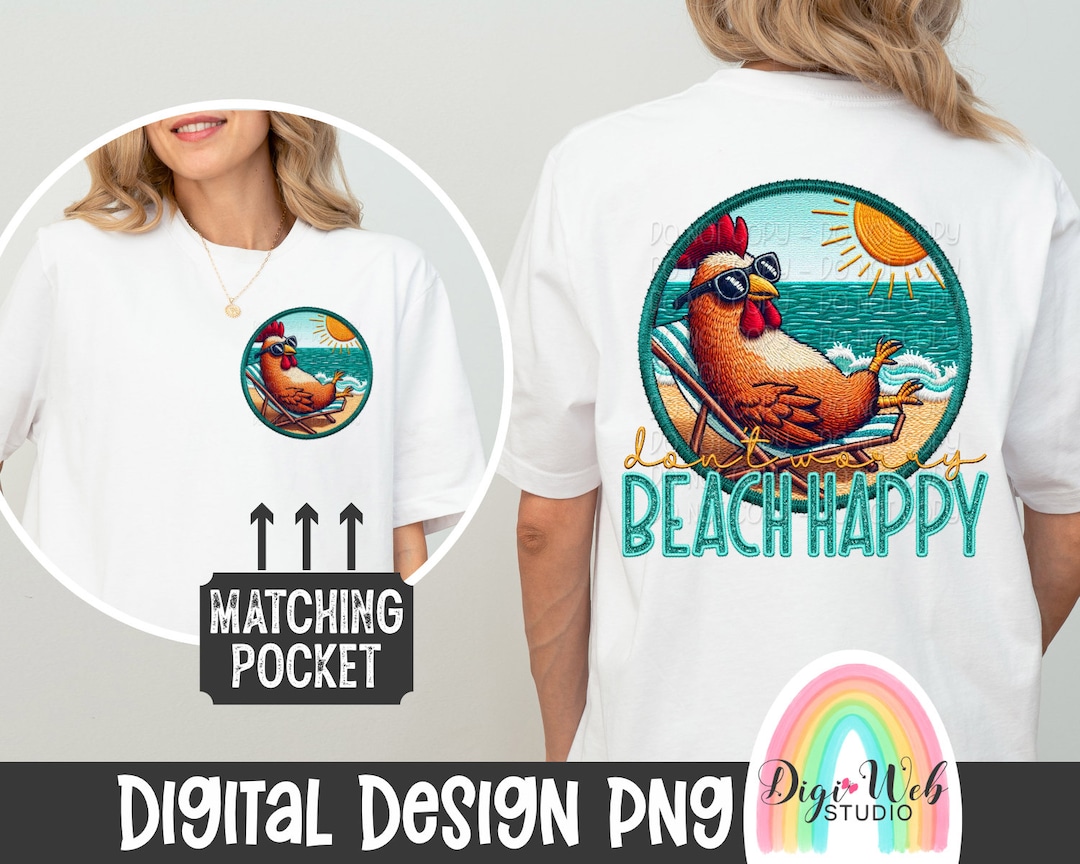 Strandhuhn PNG, Keine Sorge Strand Glücklich, Faux Stickerei, Sommer ...