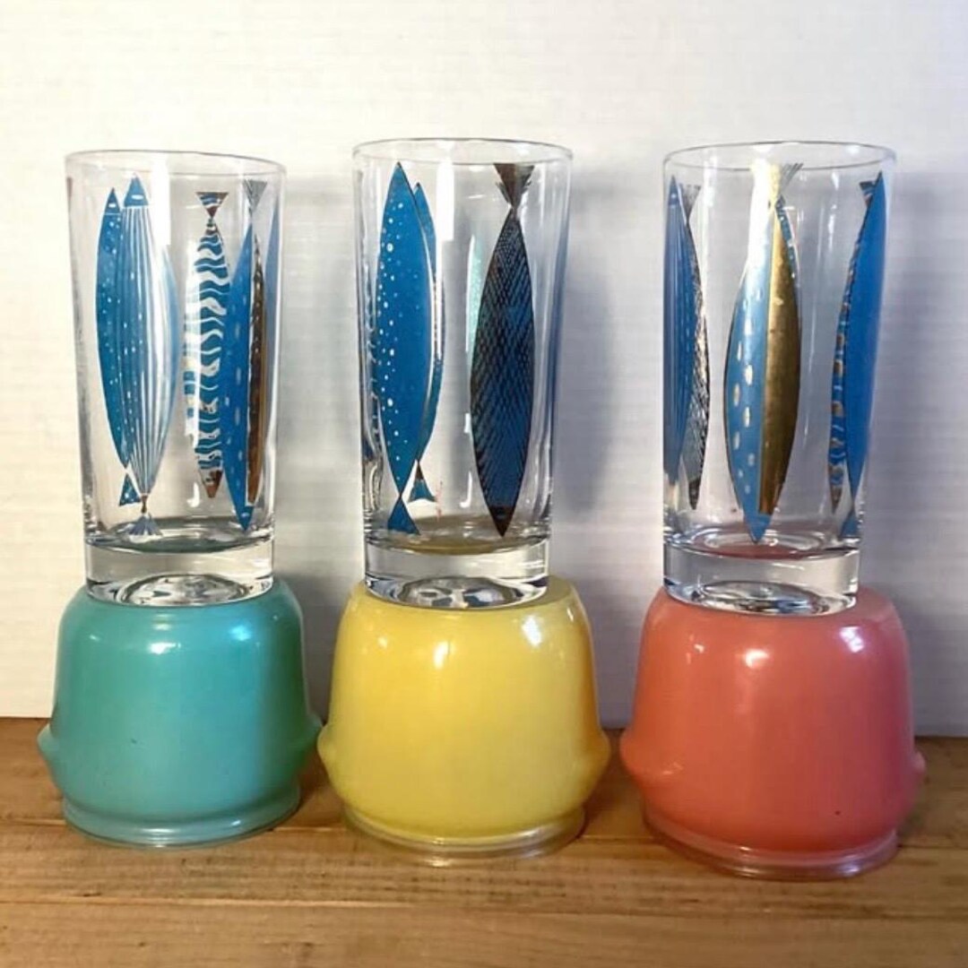 Vintage Set of 3 Fred Press Fish Glasses. Blue and Gold. an Iconic MCM ...