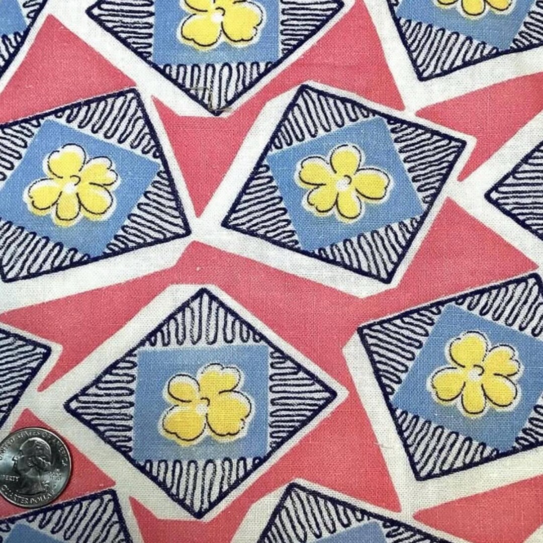 1930s-50s Vintage Cotton Feedsack Fabric. Pink With Blue and Yellow Flowers and Diamonds. 36 ...