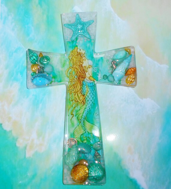 Mermaid Cross Ocean Sea Life Wall Art Ocean Beach Decor - Etsy