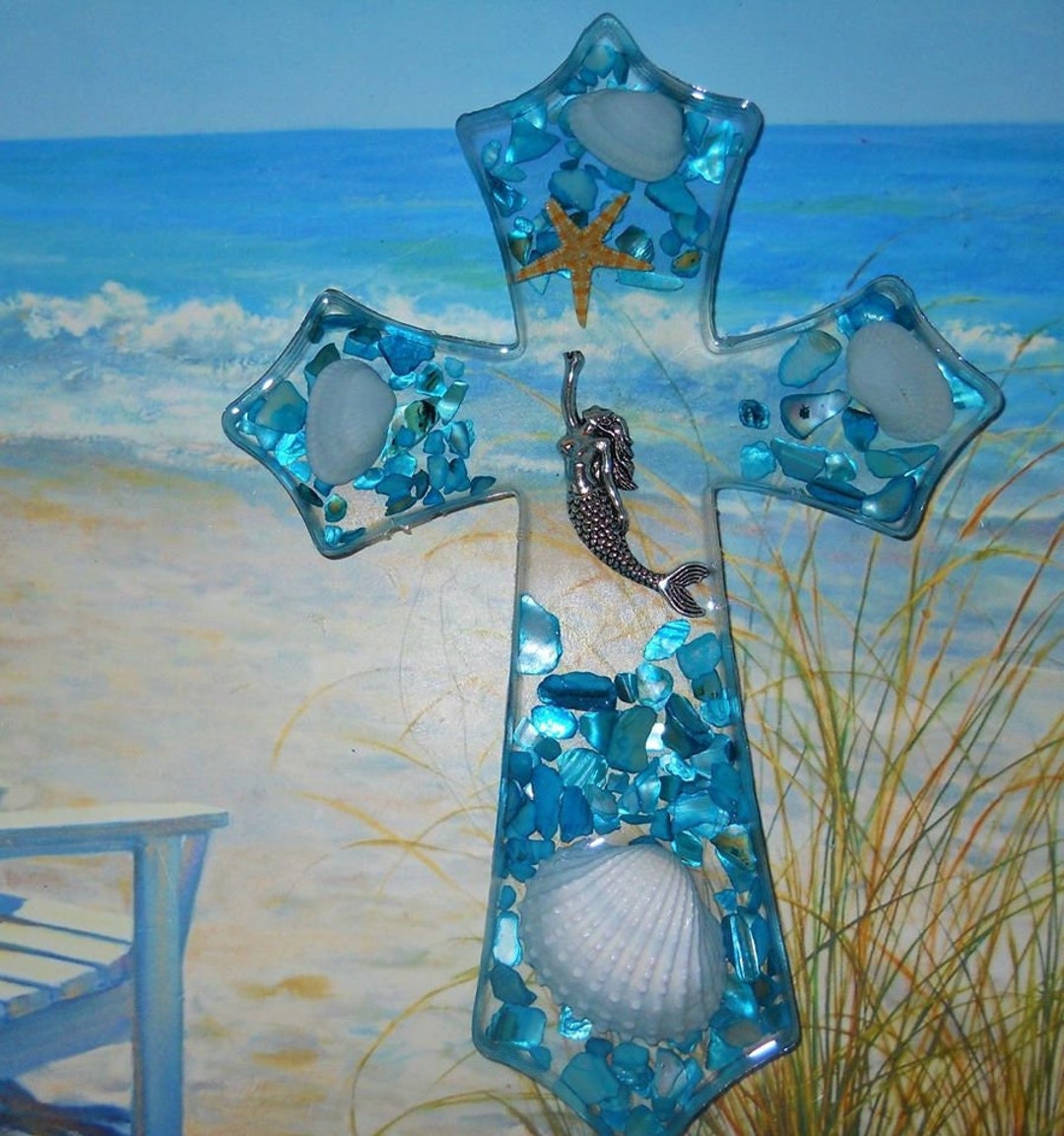 Mermaid Themed Coastal Cross, Ocean Wall Art, Nautical Seashell Decor ...