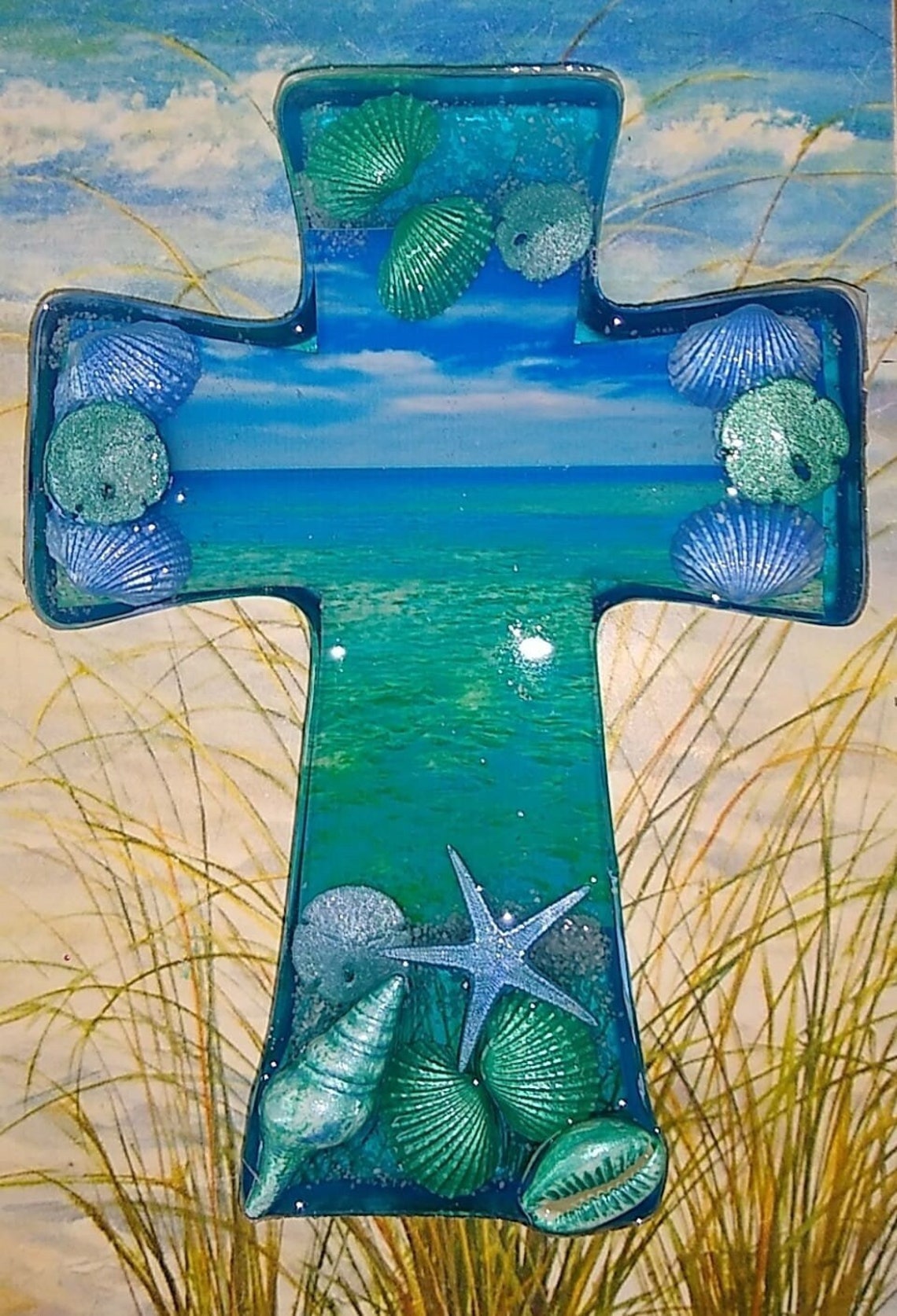 Ocean Themed Cross Blue Green Seashell Wall Cross Nautical - Etsy