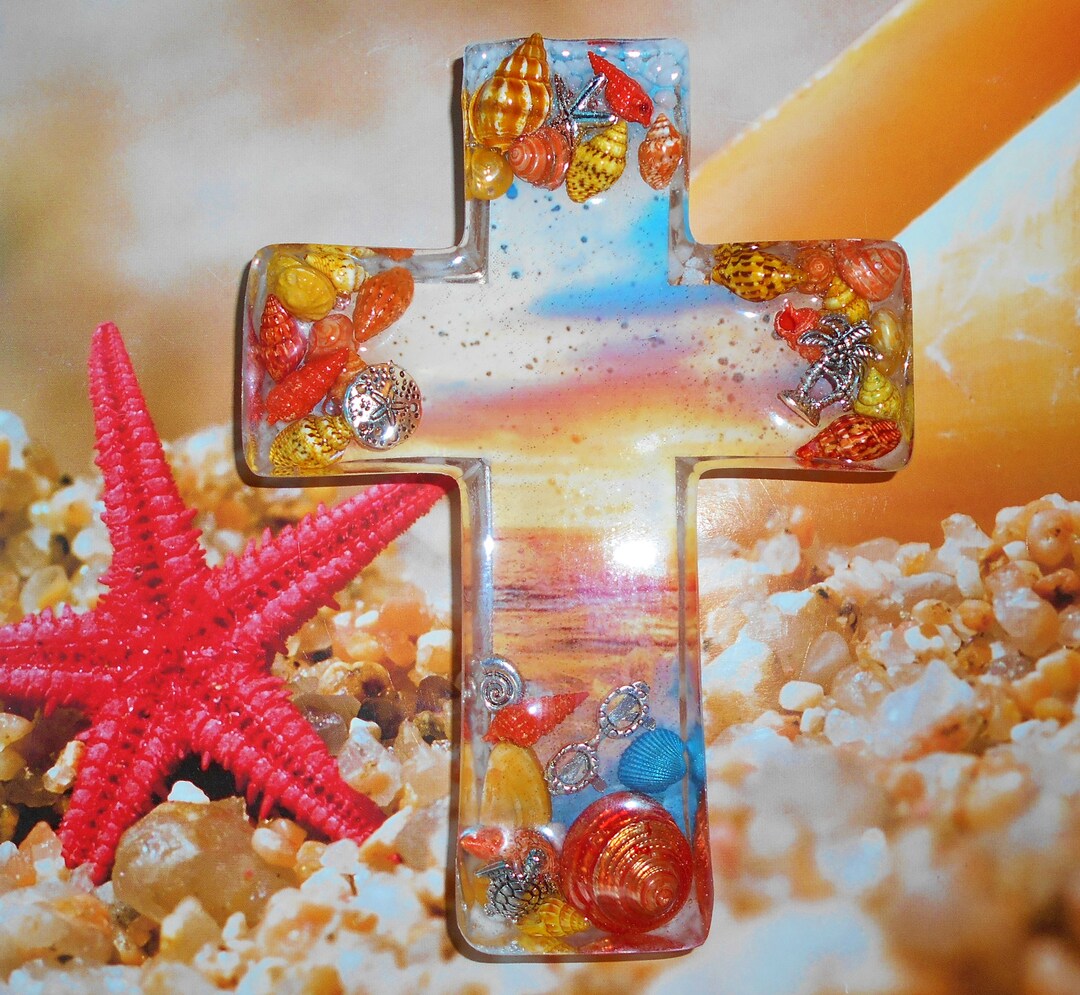 Sunset Seashell Cross, Ocean Sunset Scene Wall Cross, Coastal Window ...