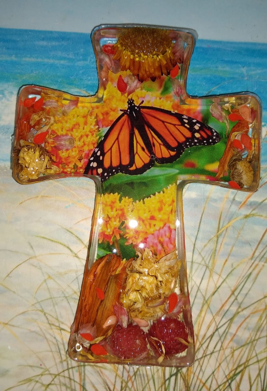 Dried Flower Cross, Window Cross With Monarch Butterfly Image, Colorful ...