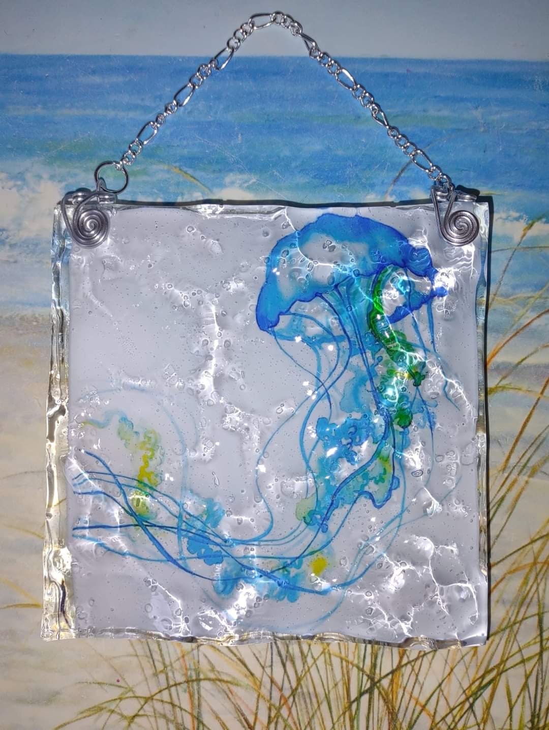 Blue Jellyfish Resin Art, Square Sea Life Window Decor, Nautical Wall ...
