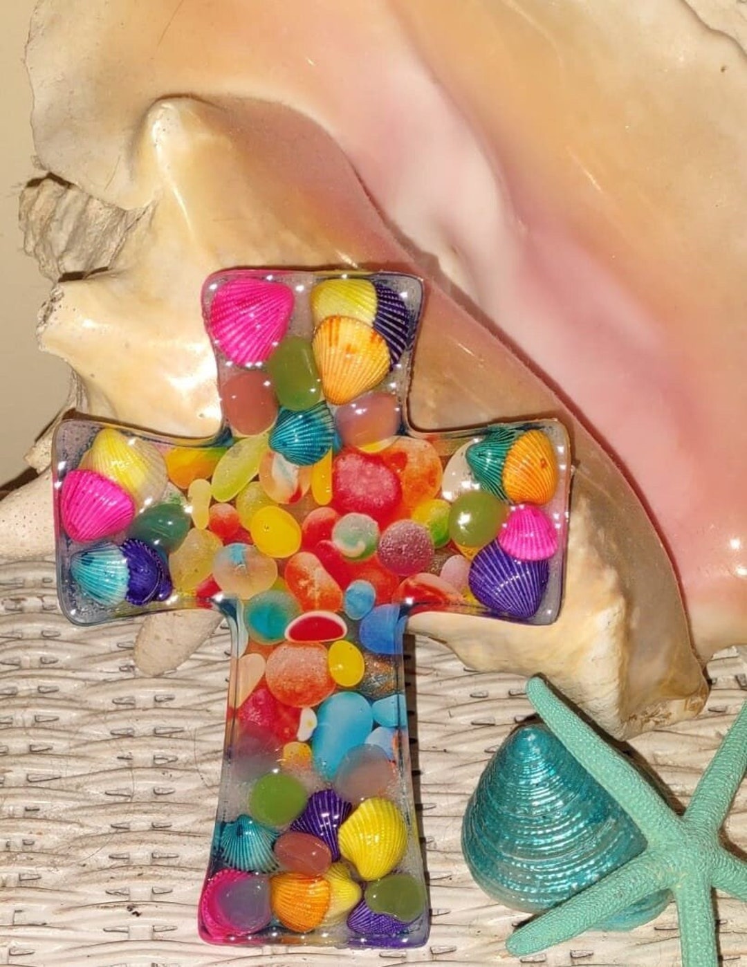 Sea Glass Cross, Colored Seashell Cross, Coastal Wall Cross, Nautical ...