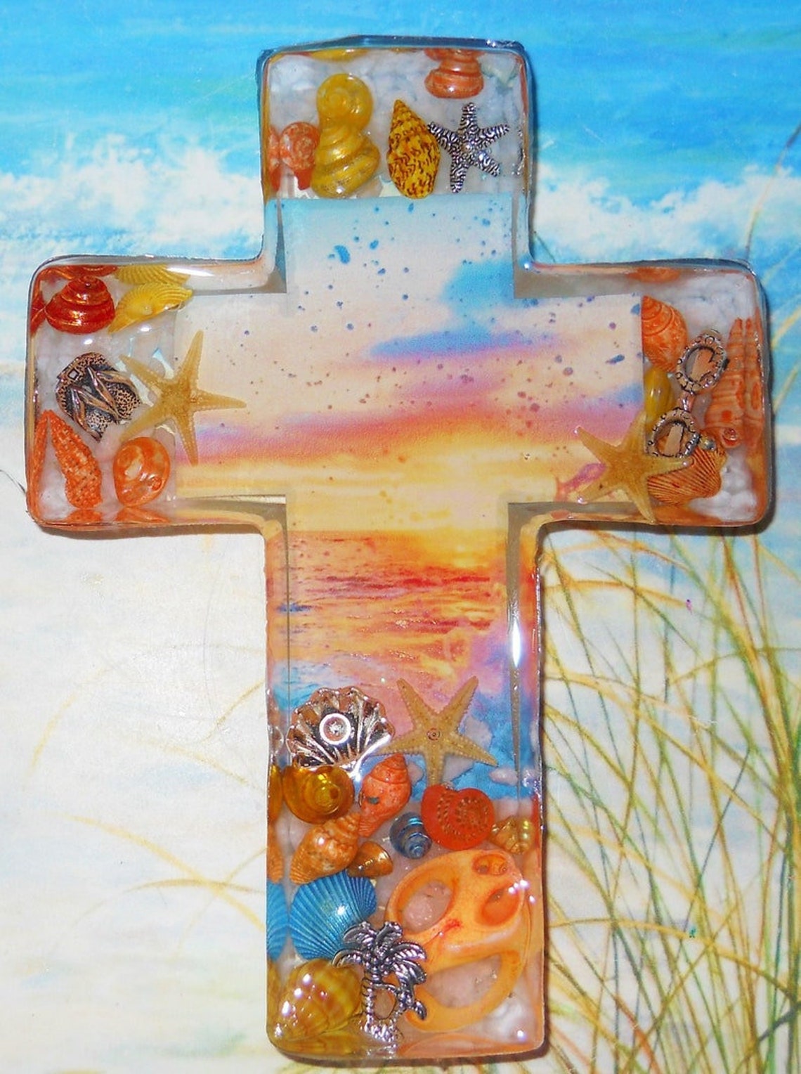 Sunset Seashell Cross Ocean Sunset Scene Wall Cross Coastal - Etsy
