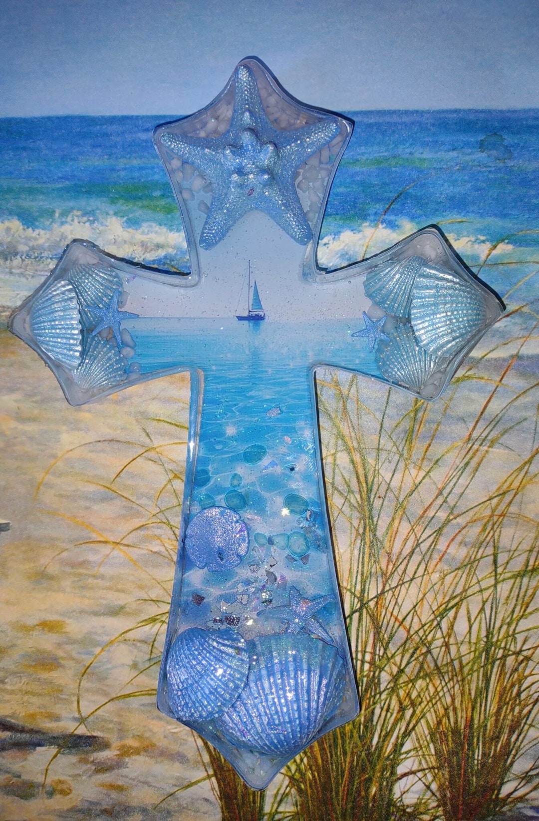Sailboat Themed Coastal Cross, Beachy Wall Cross, Blue Seashells ...