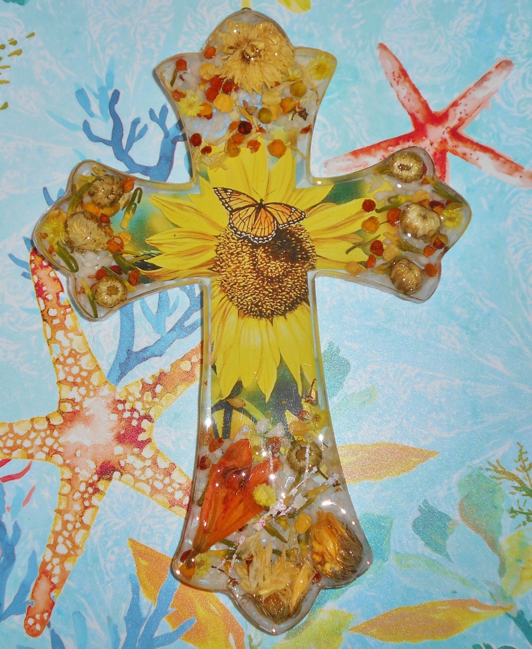 Butterfly Themed Cross, Real Dried Flower Cross, Religious Wall Art ...