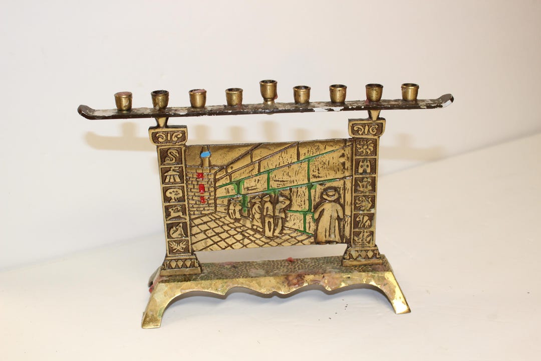 Vintage Mid Century Brass Menorah, Jerusalem the Wailing Wall - Etsy