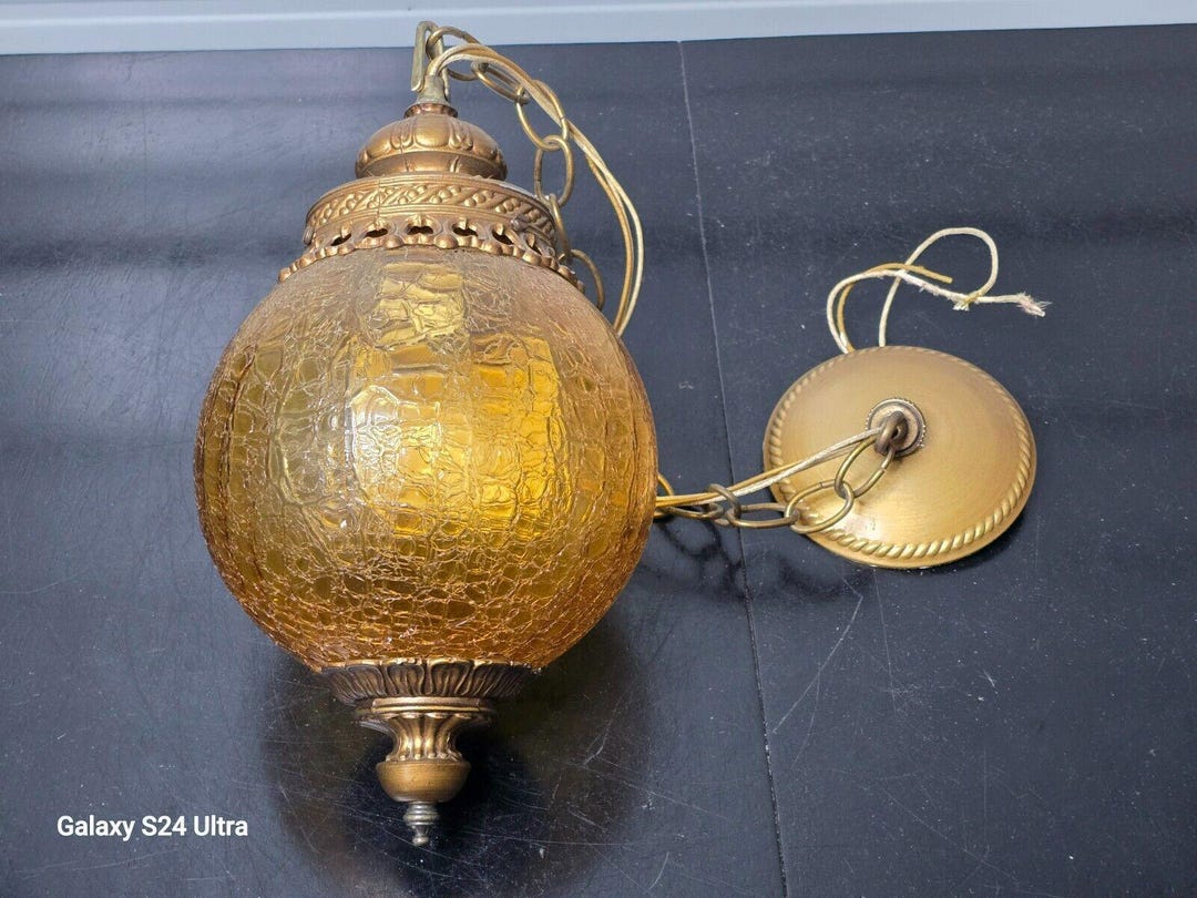 Vintage Lightcraft Mid Century Amber Crackle Glass Hanging Ceiling Lamp ...