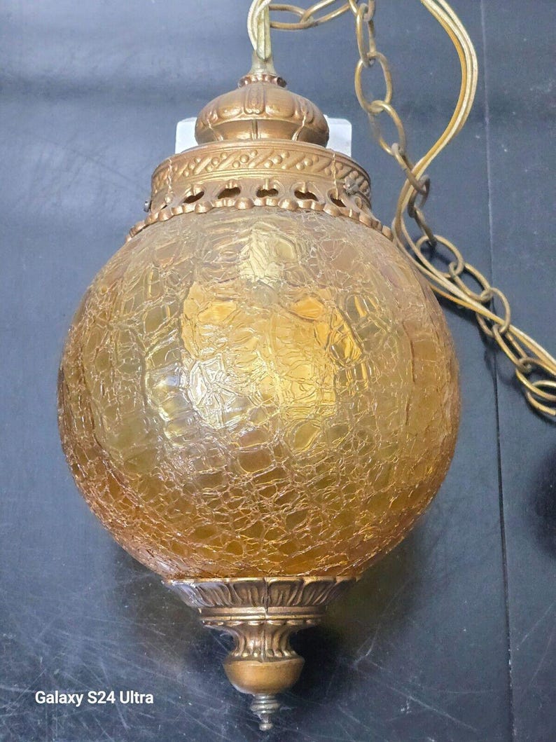Vintage Lightcraft Mid Century Amber Crackle Glass Hanging Ceiling Lamp ...
