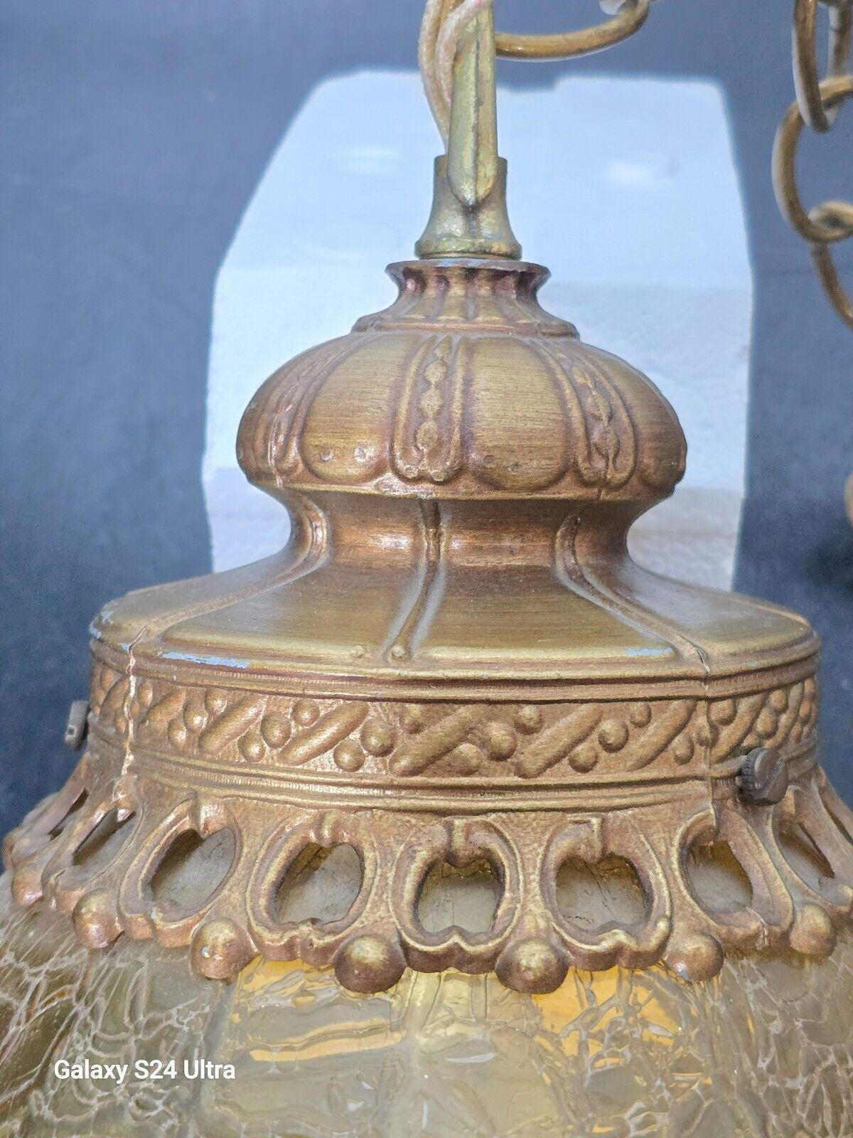 Vintage Lightcraft Mid Century Amber Crackle Glass Hanging Ceiling Lamp ...