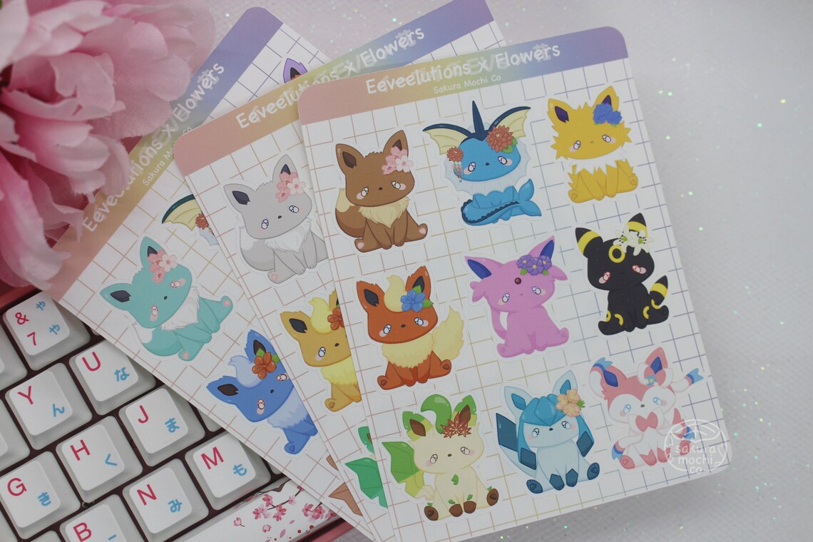 Floral Eeveelution Sticker Sheets | Shiny Eeveelution Flower Stickers ...