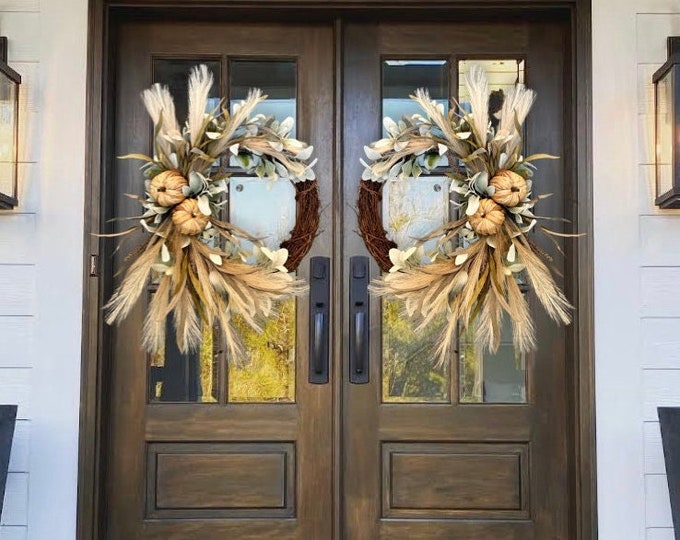 Double Door Fall Boho Wreath, Pumpkin Wreath, Fall Grapevine, Everyday ...