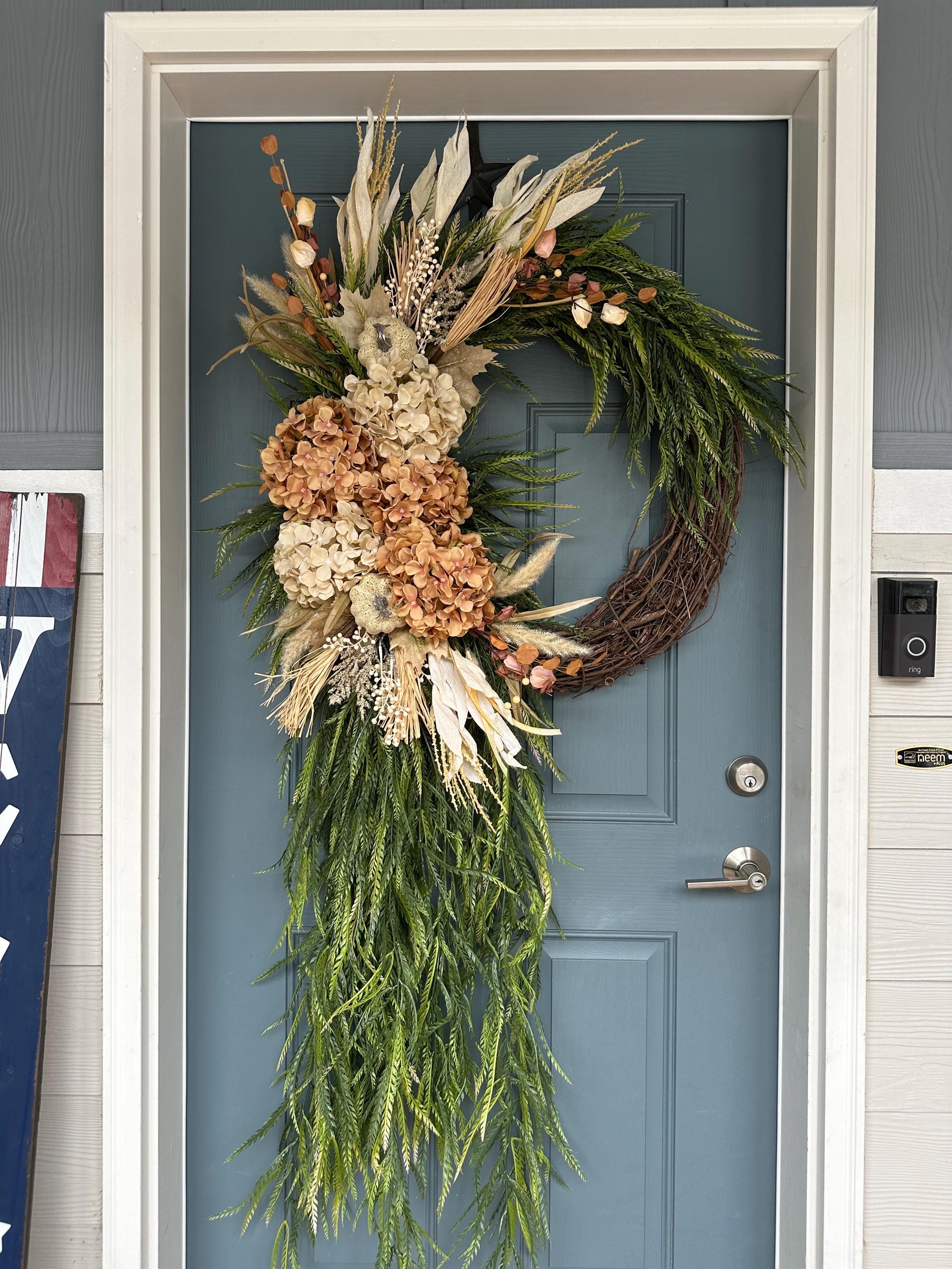Neutral Fall Hydrangea & Pumpkin Wreath, Fall Grapevine, Double Door ...