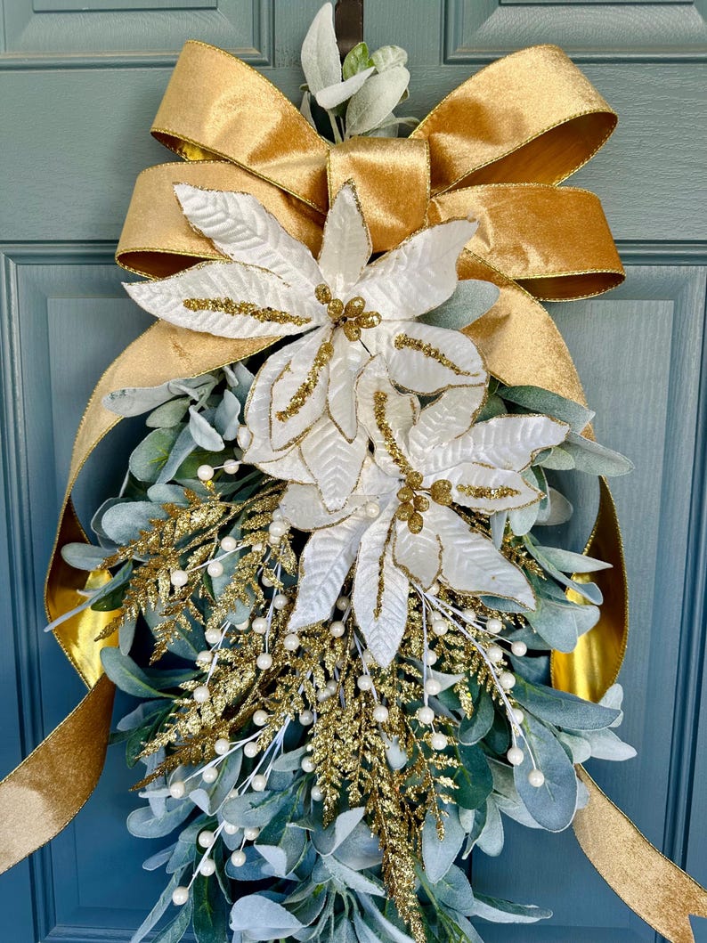 Ivory & Gold Christmas Swag; Poinsettia Swag, Gold Swag; Teardrop ...