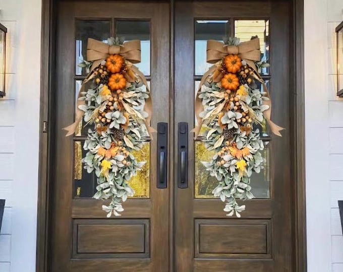 Set of Two Double Door Fall Door Swags, Copper or Rust Color, Autumn ...