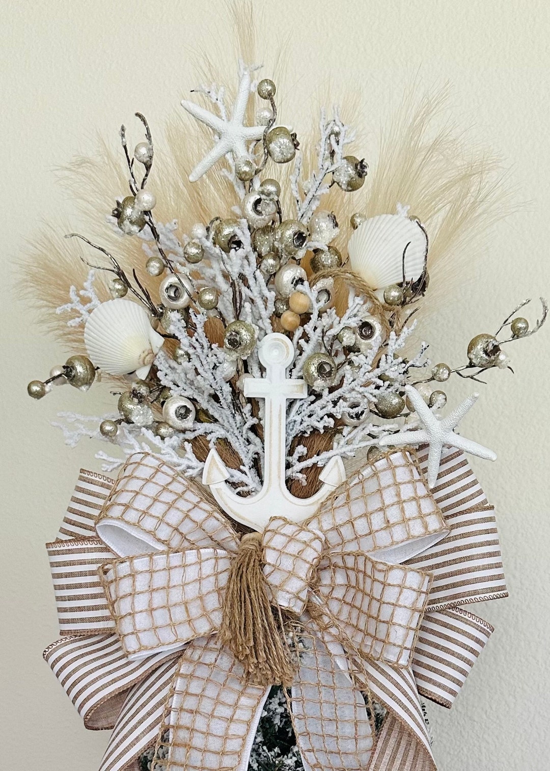 Beach Tree Topper- Pampas, Anchor, Shells, Starfish, Burlap - Large ...