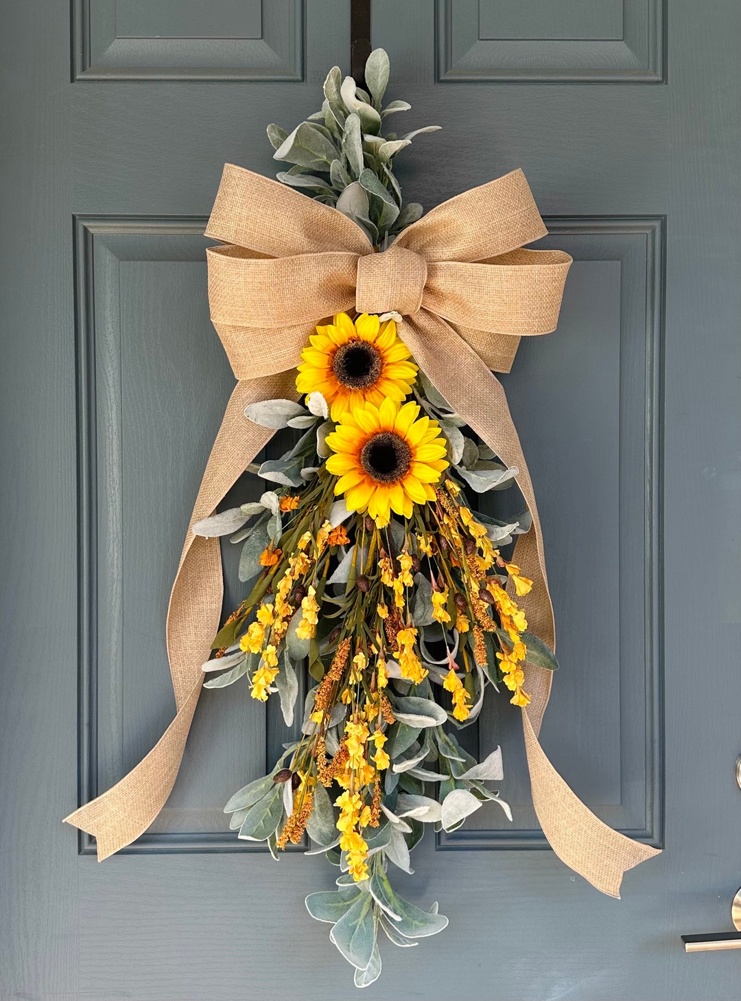 Fall Sunflower & Lamb’s Ear Swag; Farmhouse Swag; Teardrop Double Door ...