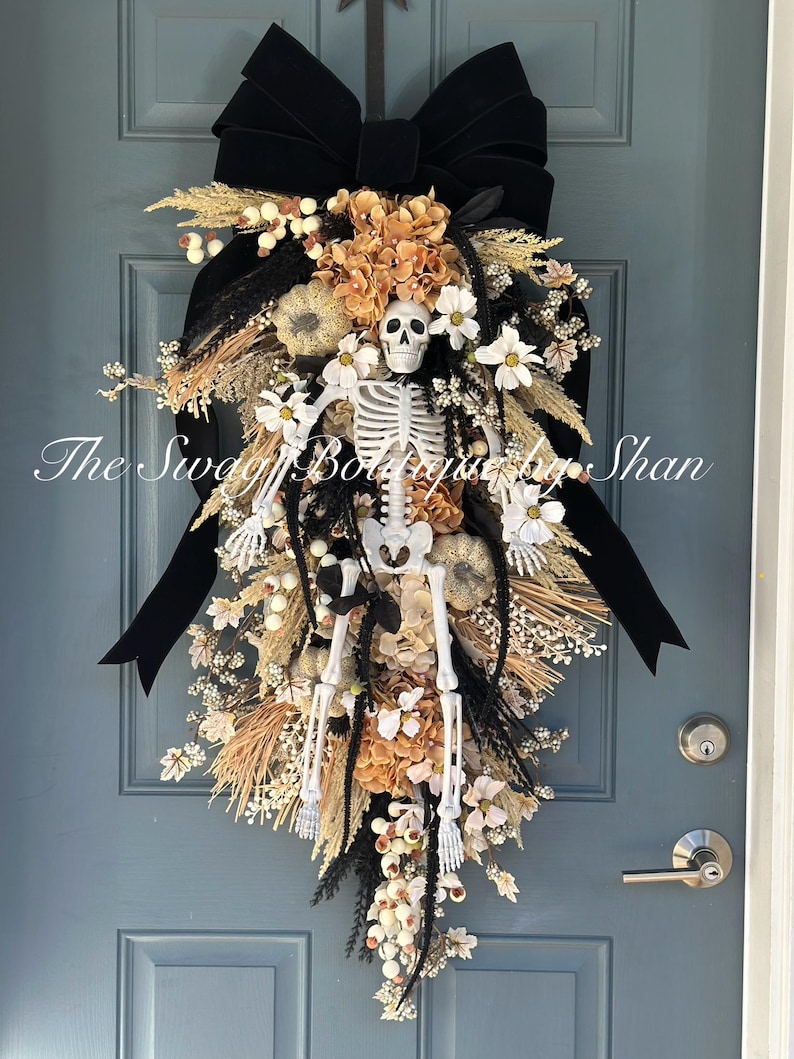Large Skeleton Swag; Neutral Halloween Swag, Hydrangea Swag, Black Tan ...