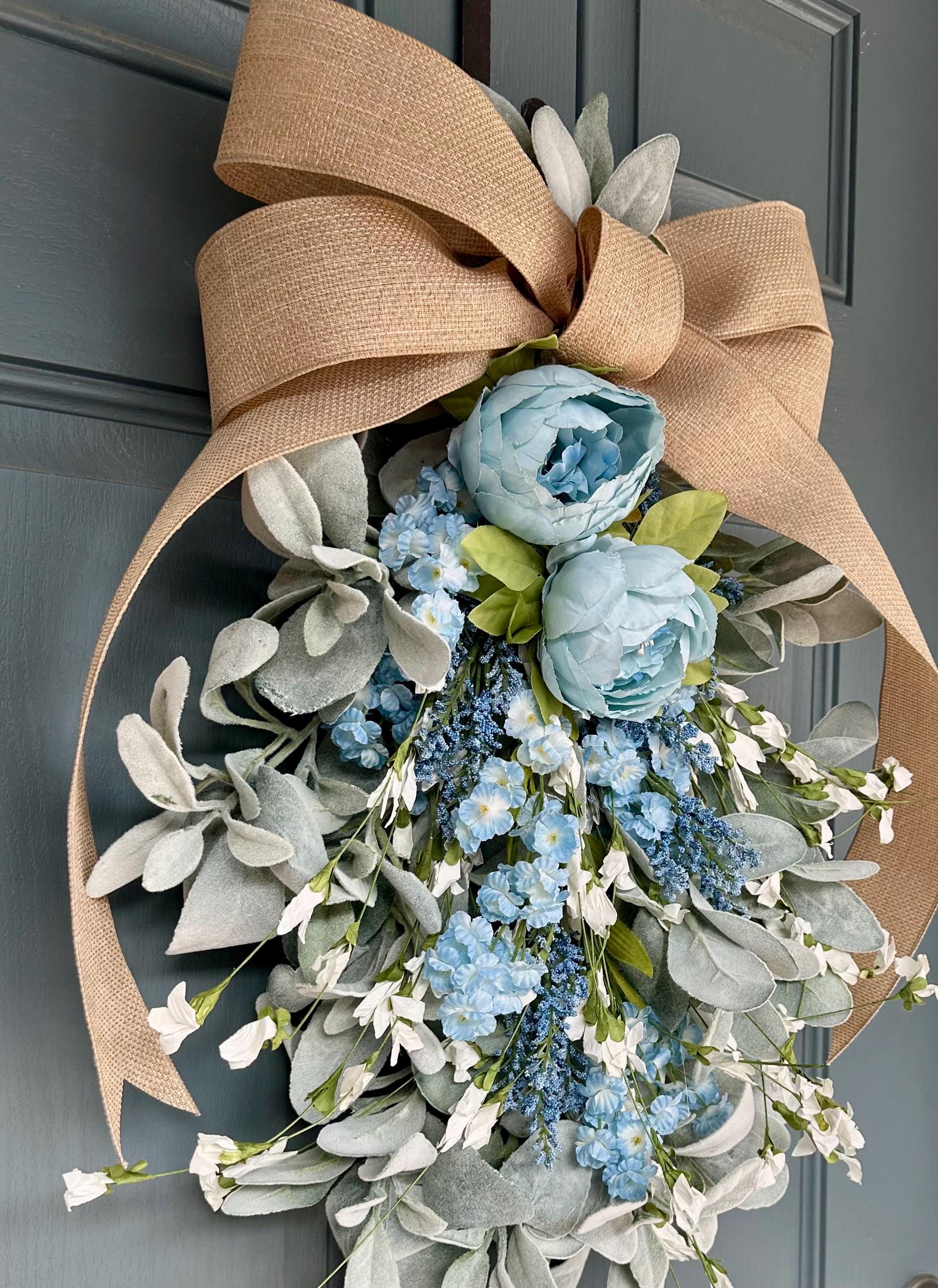 Peony & Lamb’s Ear Swag; Blue Peony Swag; Teardrop Door Hanger Spring ...