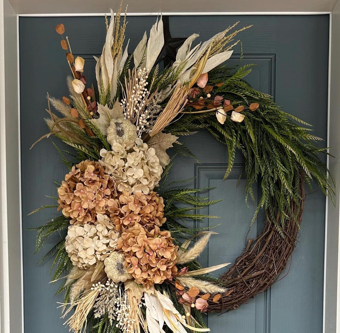 Neutral Fall Hydrangea & Pumpkin Wreath, Fall Grapevine, Double Door ...
