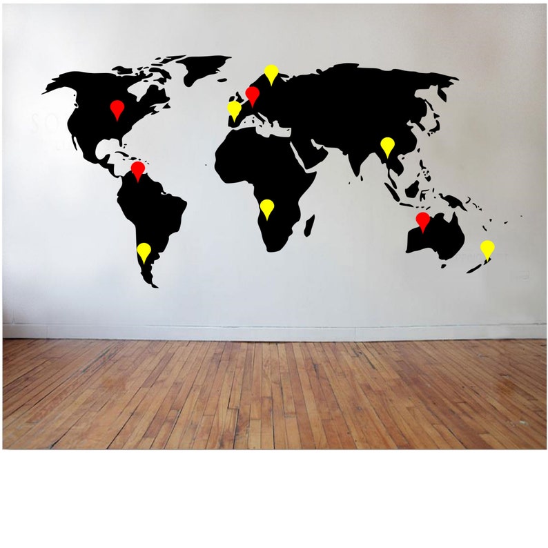 World Map Wall Decal With Markers Map With Markers Large - Etsy