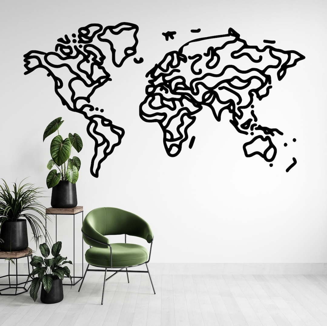 World Map Outline Decal - Large World Map Swirly - Wall Decal - Wall ...