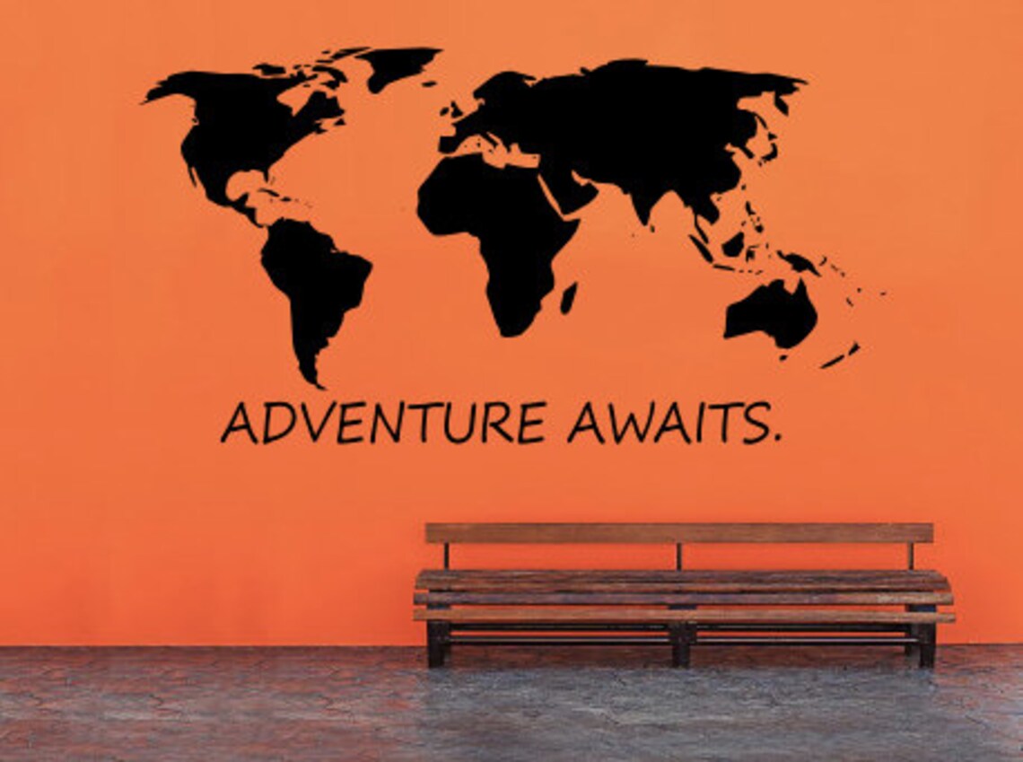 World Map Adventure Awaits Wall Decal Travel Wanderlust - Etsy
