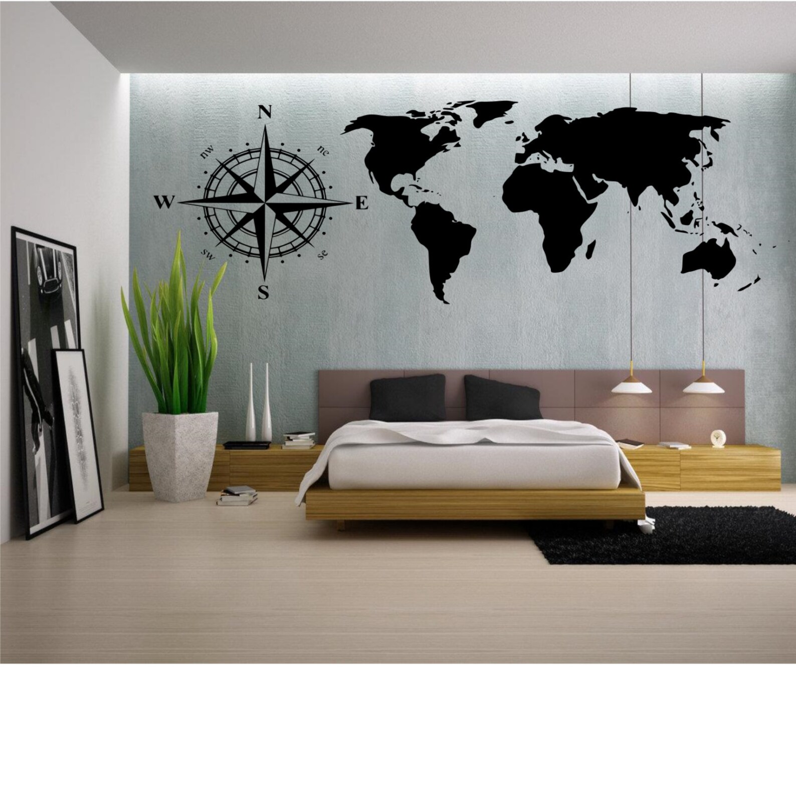 Map of the World With Compass Rose Combo Wall Decal - Etsy