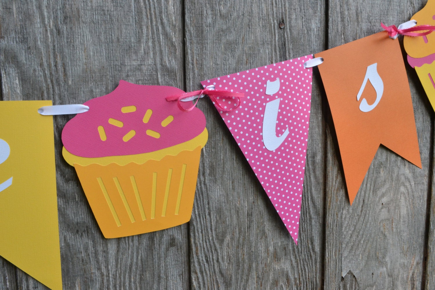 Cupcake Birthday Banner Pink yellow and orange Birthday | Etsy