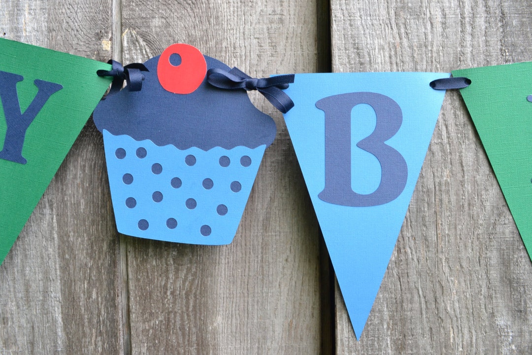 Cupcake Birthday Banner, Blue and Green Birthday Banner, Happy Birthday ...